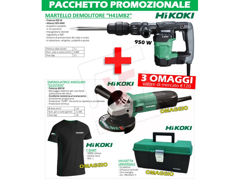 HIKOKI MARTELLO H41MB2 950W + SMERIGLIATRICE G12STAYG 600W + VALIGETTA ...